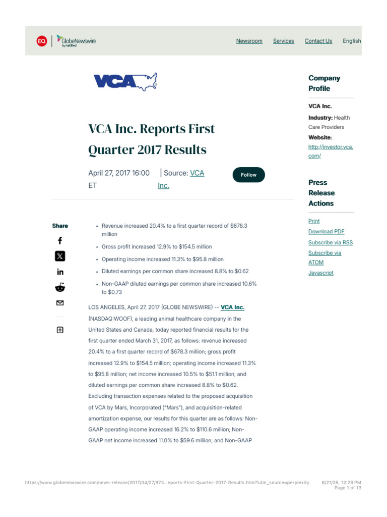 VCA Inc. Reports First Quarter 2017 Results | PDF | Equity (Finance ...