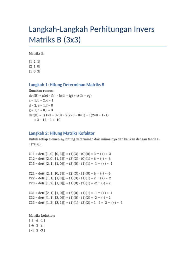 Invers Matriks 3x3: Langkah Perhitungan | PDF
