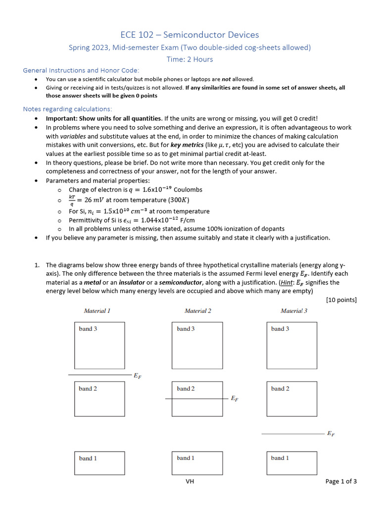 Midsem Questions | PDF | Electric Current | Semiconductors