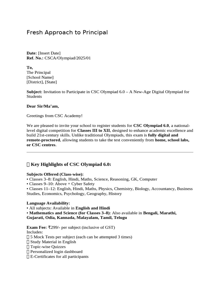 CSC Olympiad - Approach Letter To Principals | PDF
