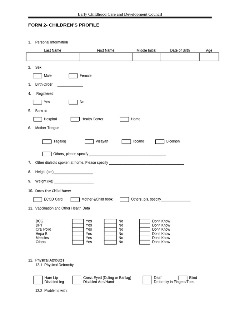 Form 2 Children S Profile | PDF | Child Care | Foods