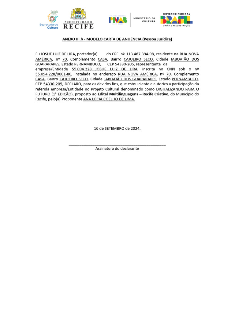 Anexo III.b - Modelo Carta de Anuencia (Pessoa Juridica) | PDF