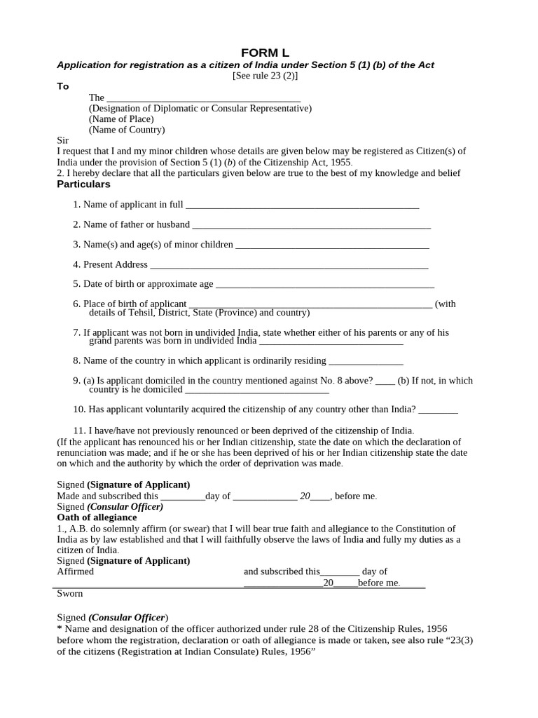 Indian Citizenship Registration Form | PDF | Nationality Law ...