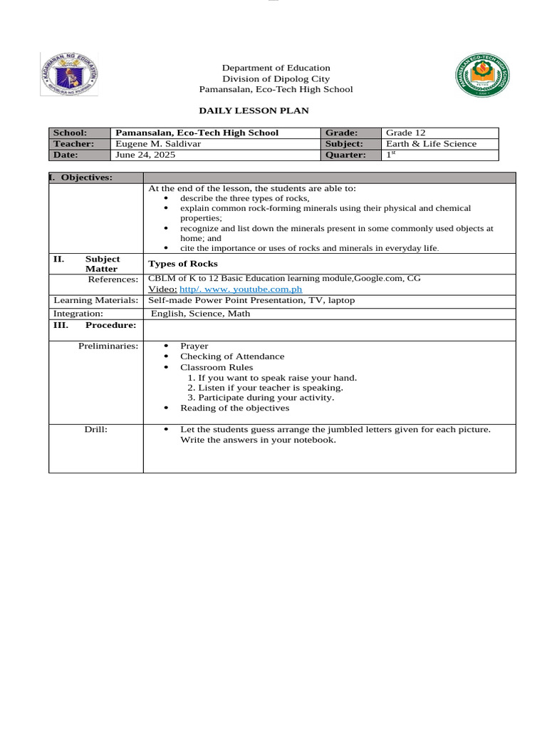 Daily Lesson Plan: Earth & Life Science | PDF | Rock (Geology) | Minerals