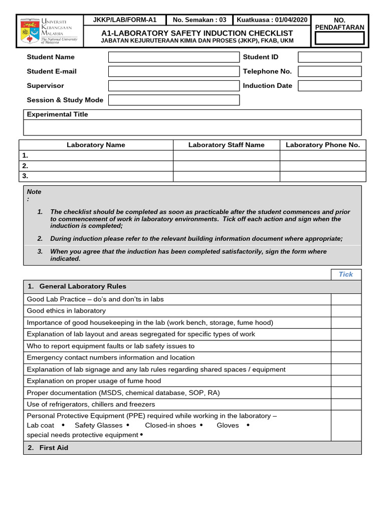 Borang A1 - Lab Safety Induction 03-23-03-2020 | PDF | Laboratories ...