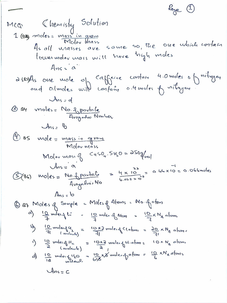 Chemistry Test 01 Solution | PDF
