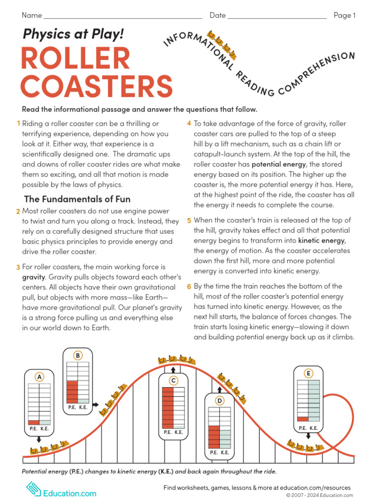 Informational Reading Comprehension Physics at Play Roller Coasters ...