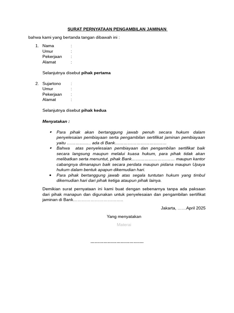 Surat Pernyataan Pengambilan Jaminan | PDF