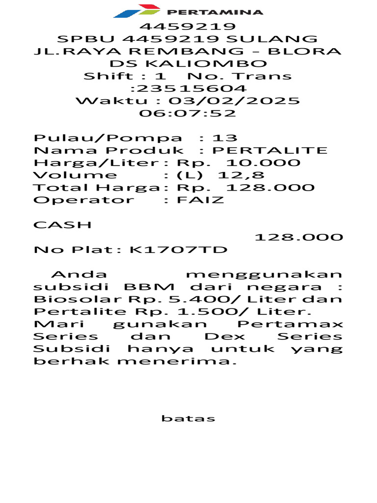 Struk Pertamina TGL 3 Februari 2025 SPBU Sulang | PDF