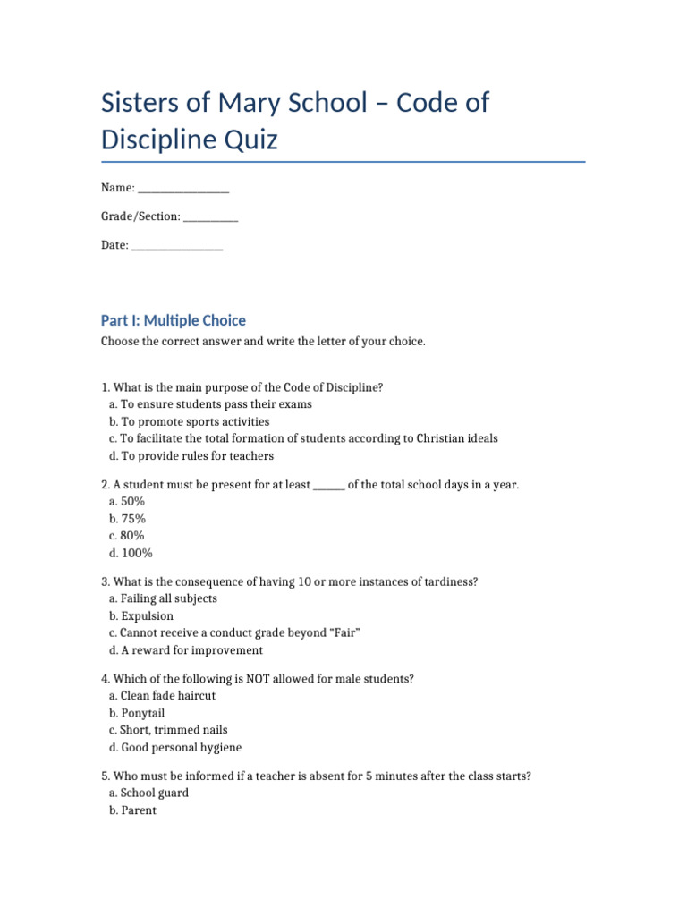 Discipline Quiz for Students | PDF