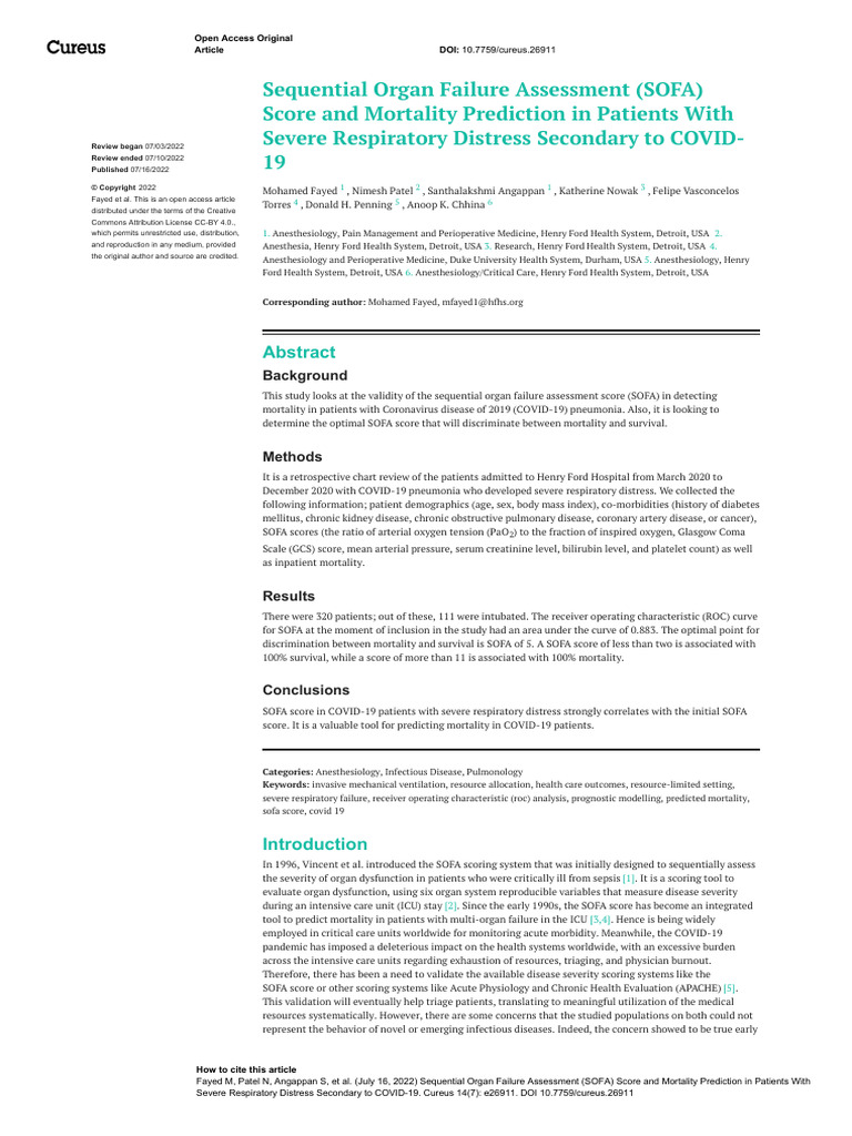 Sequential Organ Failure Assessment (SOFA) Score and Mortality ...