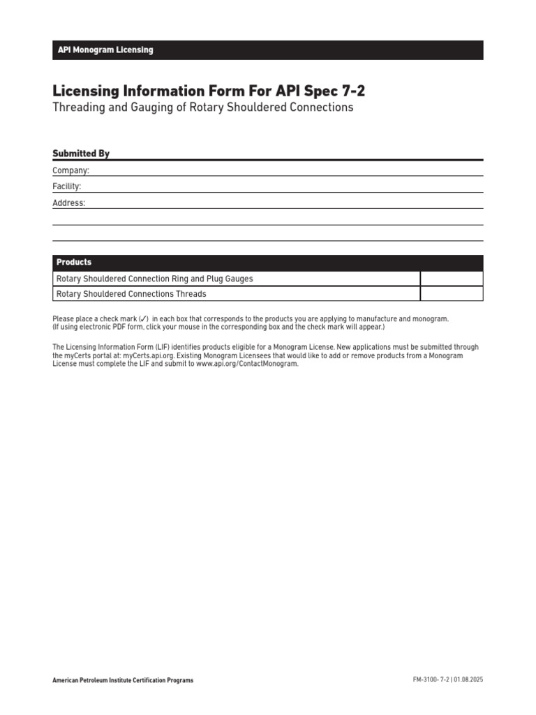 API 7-2 Licensing Information Form 20250114 | PDF