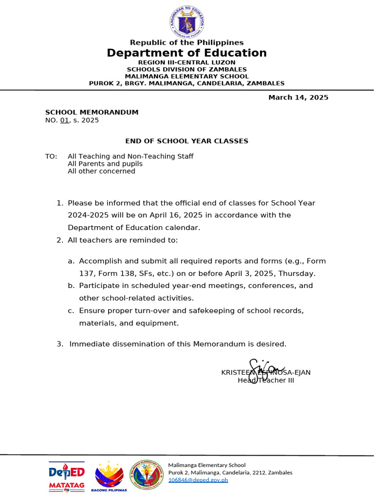 School Memo 1, 2025 | PDF
