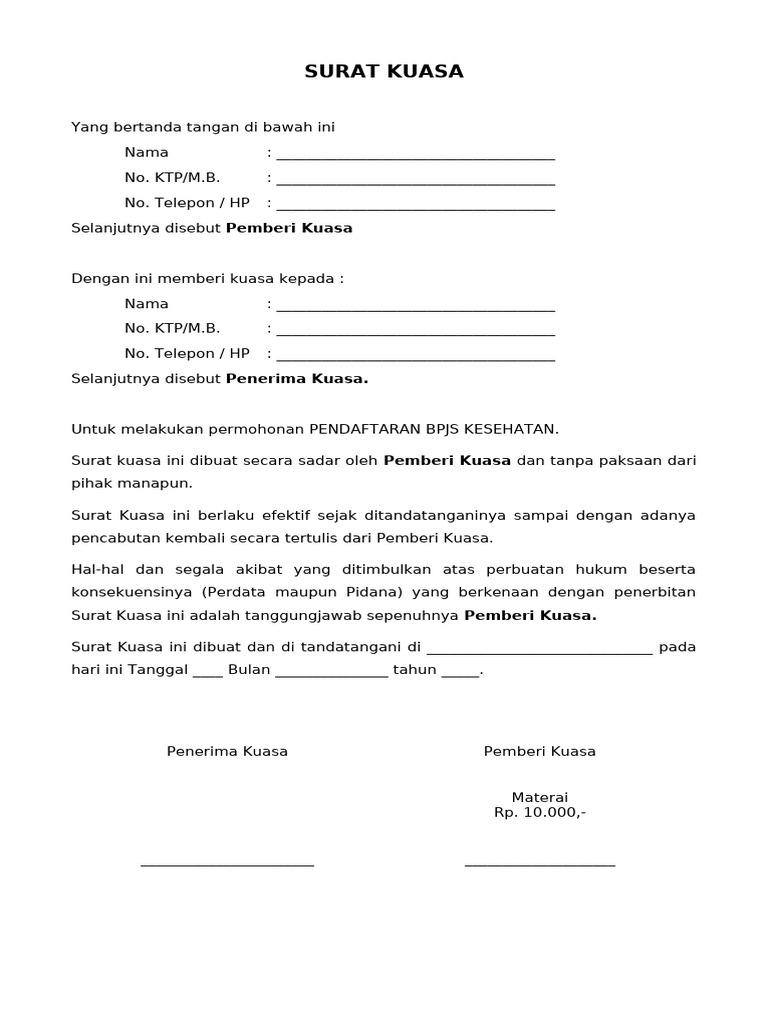 Surat Kuasa Pendaftaran Bpjs Kesehatan (Kosong) | PDF
