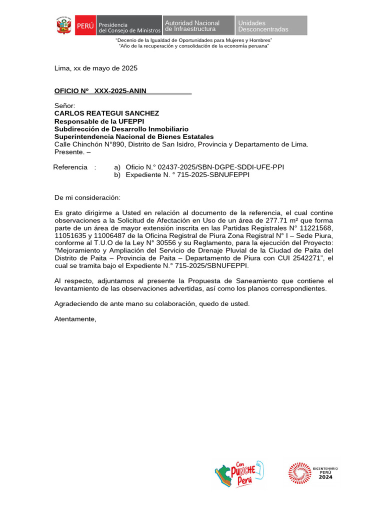 Proyecto de Oficio ANIN SBN 500210-TYPS-FC-007 Reingreso Mayo 715-2025 | PDF