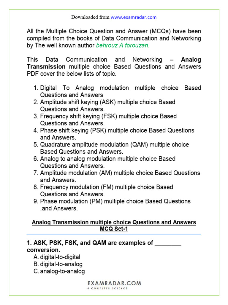 CH 5 Analog Transmission Multiple Choice Questions and Answers MCQ PDF-Data Communication and ...