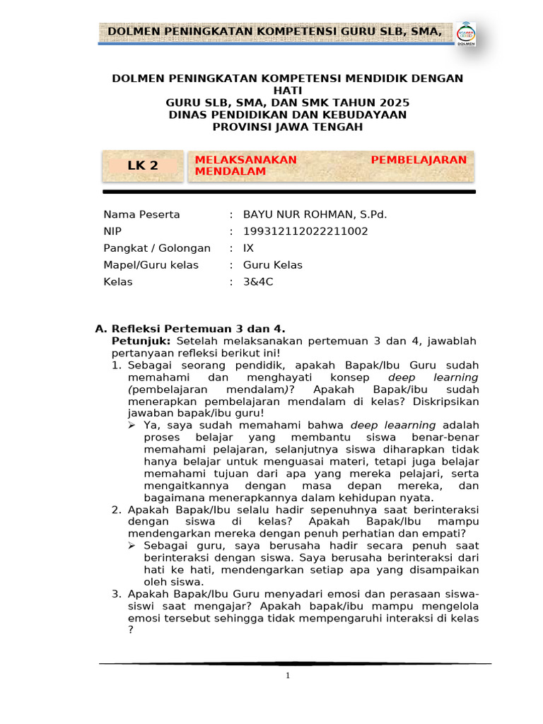 LK 2 - Bayu Nur Rohman - Melaksanakan Pembelajaran Mendalam | PDF