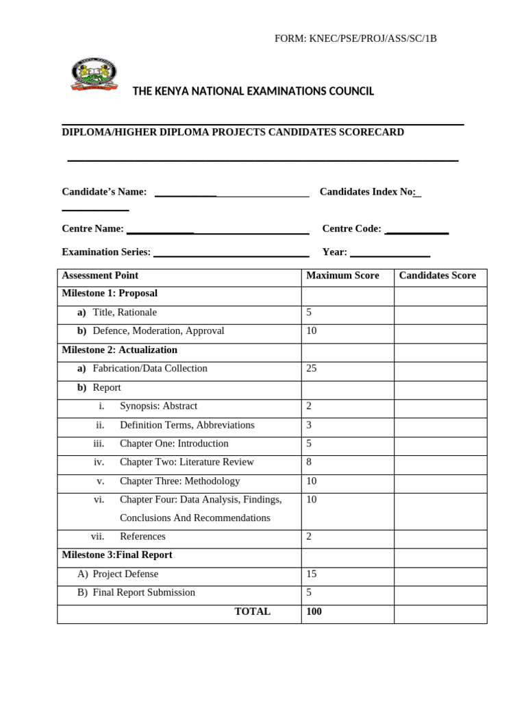 KNEC Diploma Project Scorecard Template | PDF
