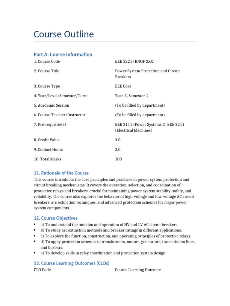 Power System Protection Course Outline With Mapping | PDF | Relay ...