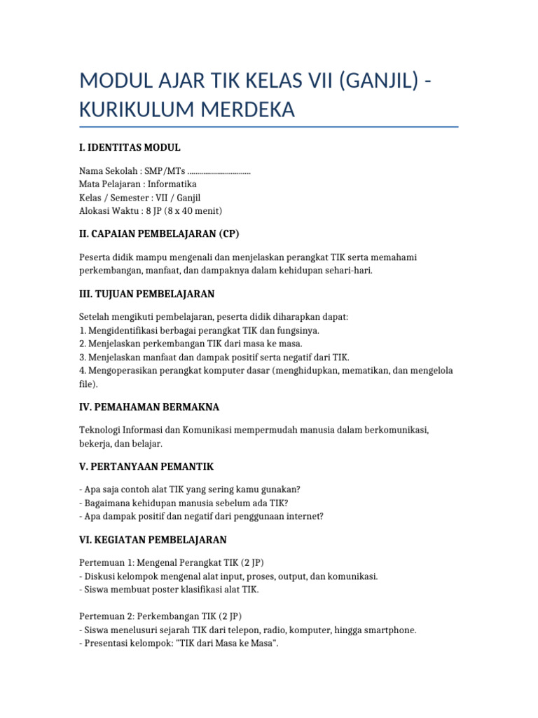 Modul Ajar TIK Kelas VII Ganjil 2023 | PDF