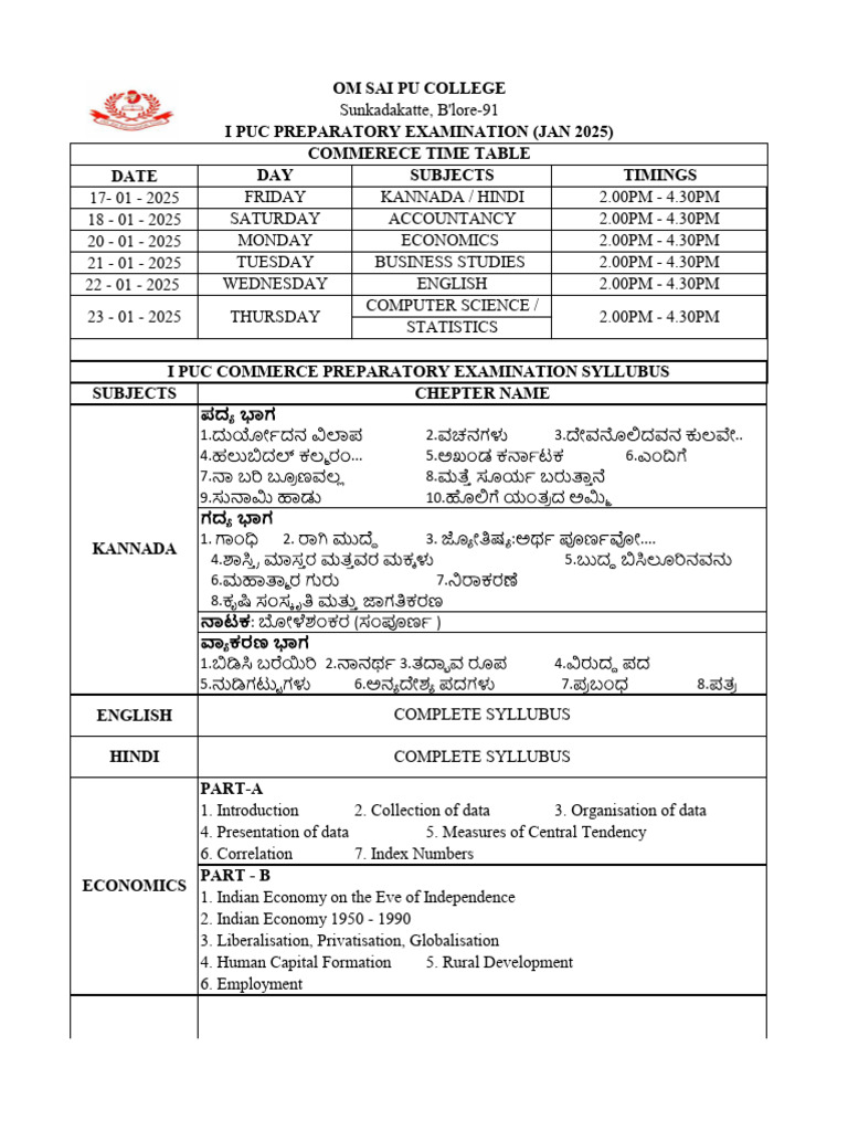 I PUC Commerce Preparatory Exam Time Table & Test Syllubus (JAN 2025) | PDF