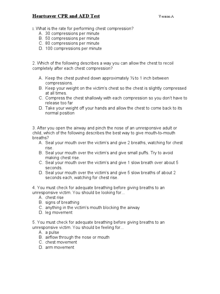 Heartsaver CPR & AED Test Questions | PDF | Cardiopulmonary ...