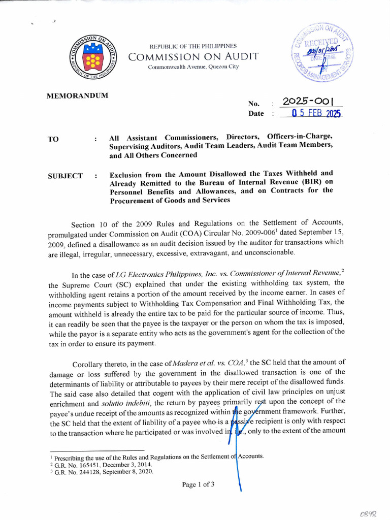 COA Memo on Tax Exclusion in Disallowances | PDF | Taxes | Payments