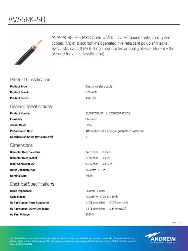 Ava5rk 50 Product Specifications | PDF | Coaxial Cable | Electrical Components