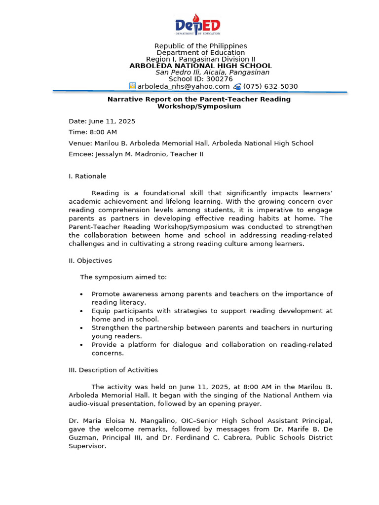 Narrative Report Symposium | PDF | Literacy | Teachers