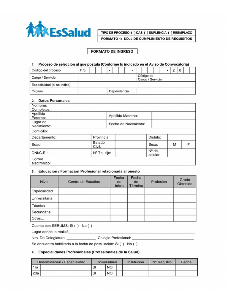 Formulario de Ingreso - Essalud. | PDF