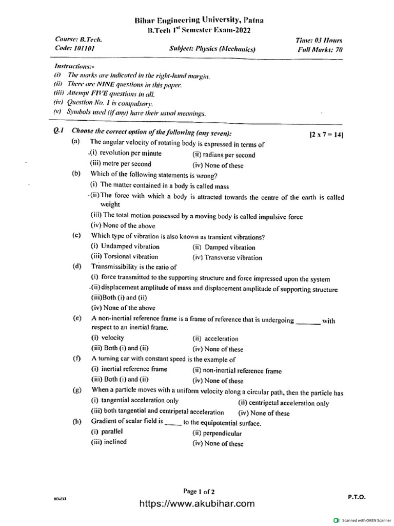 Btech 1 Sem Physics Mechanics 101101 2022 | PDF
