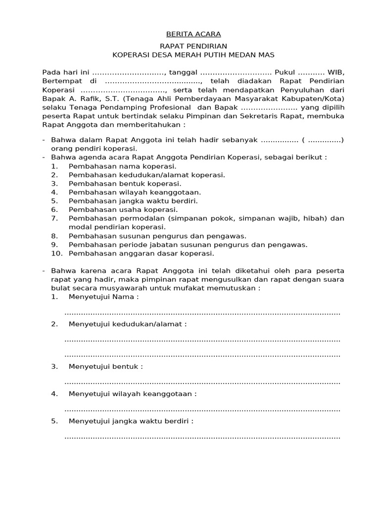 BA. Rapat Anggota Pendirian Kopdes Merah Putih Tasik Malaya | PDF