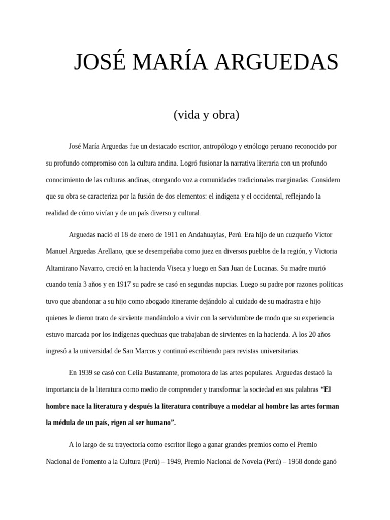 Vida y obra de José María Arguedas | PDF