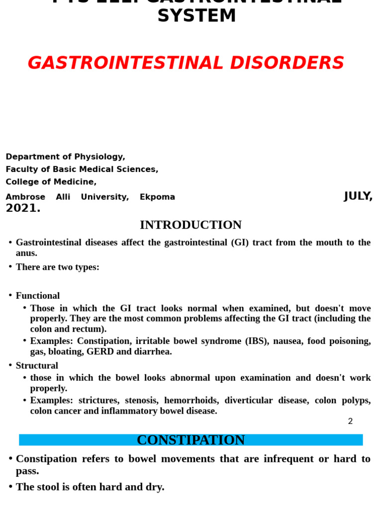 Lecture Slide On GIT Disorders-1 | PDF | Constipation | Esophagus