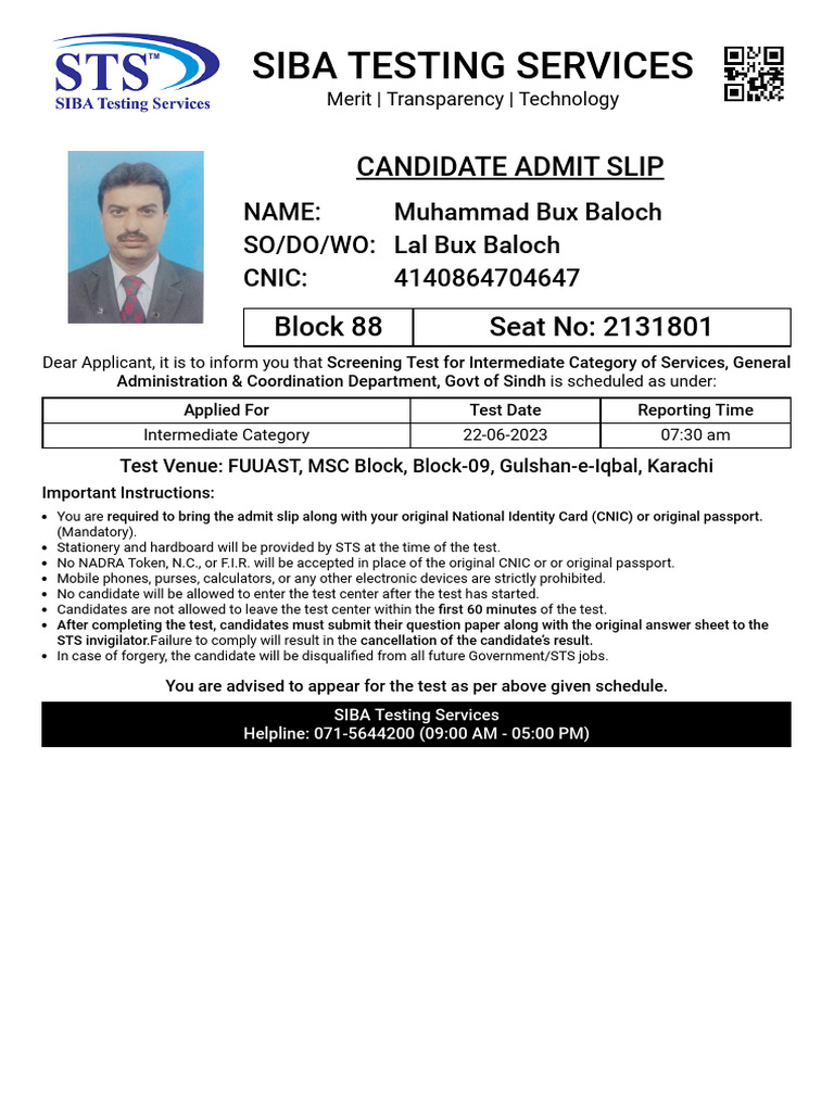 Siba Testing Services: Candidate Admit Slip | PDF