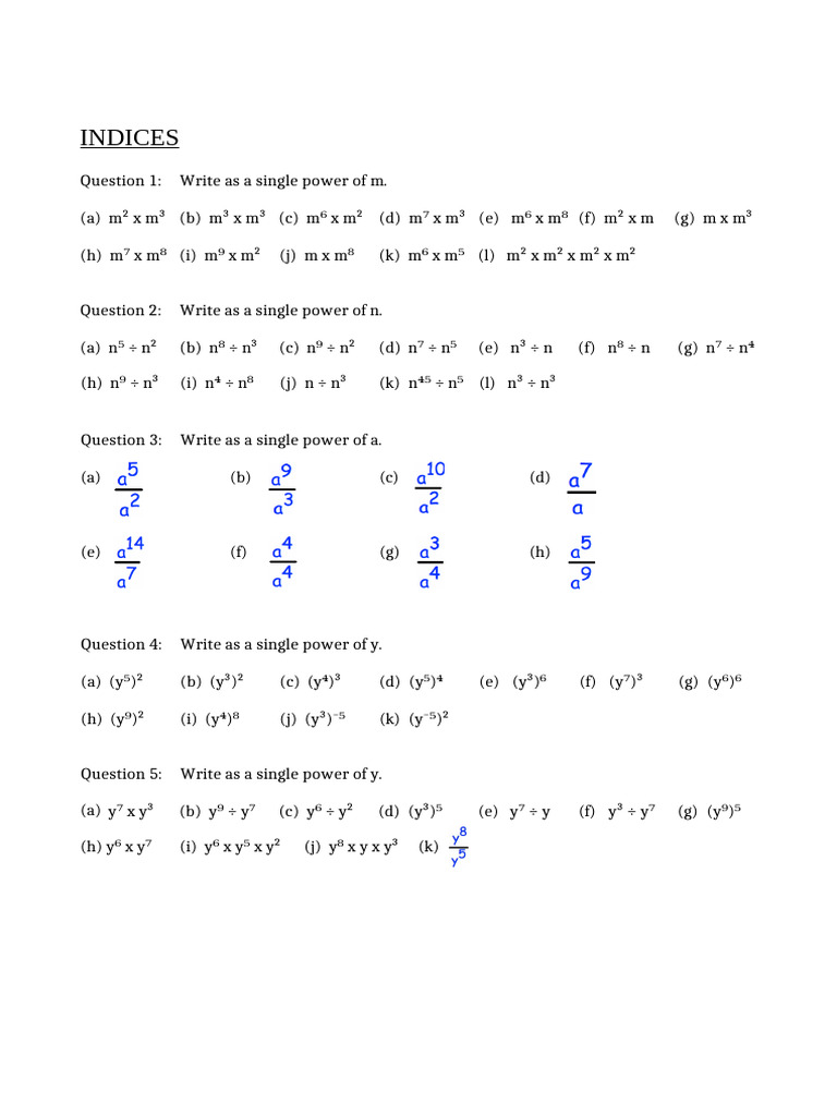 Laws of Indices Exercises | PDF