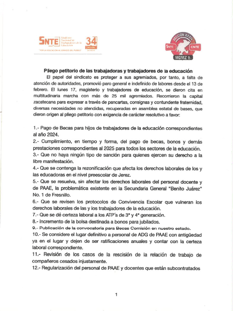 Pliego Petitorio Snte 34 | PDF