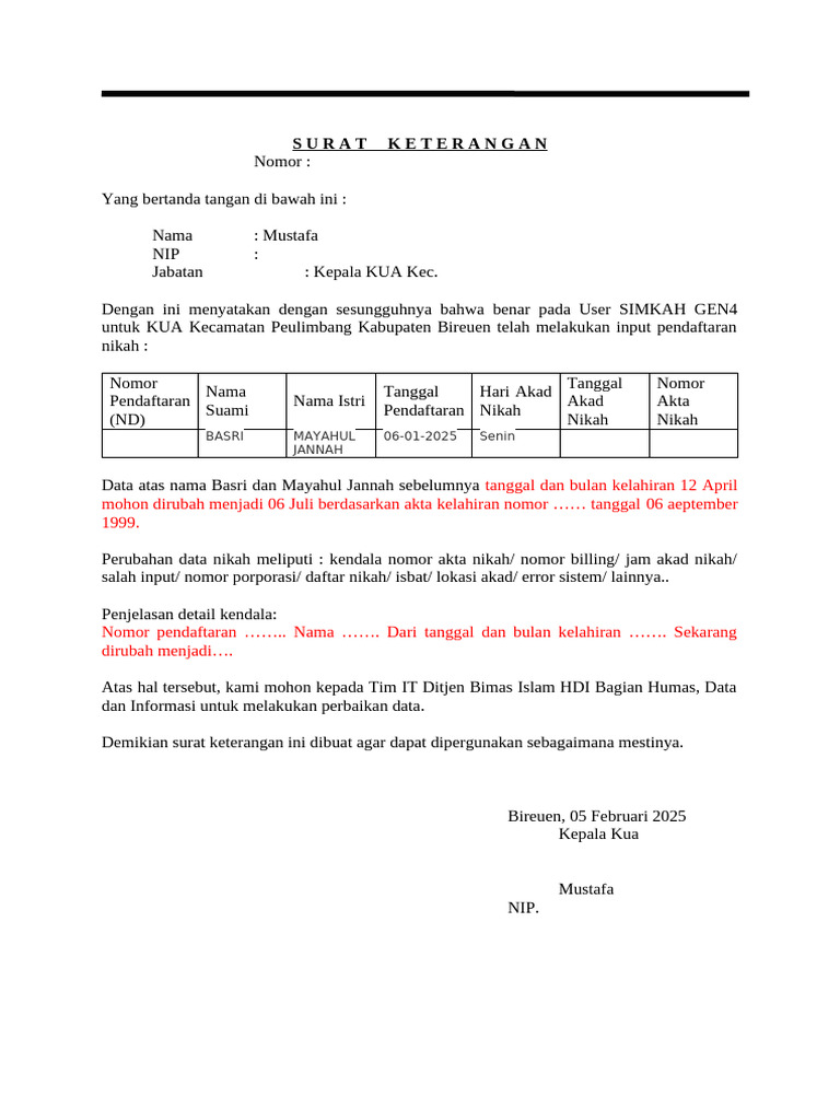Format Surat Alasan Ubah Data DI NIKAH | PDF
