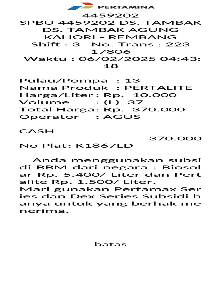 Struk SPBU Pertamina 2025 | PDF