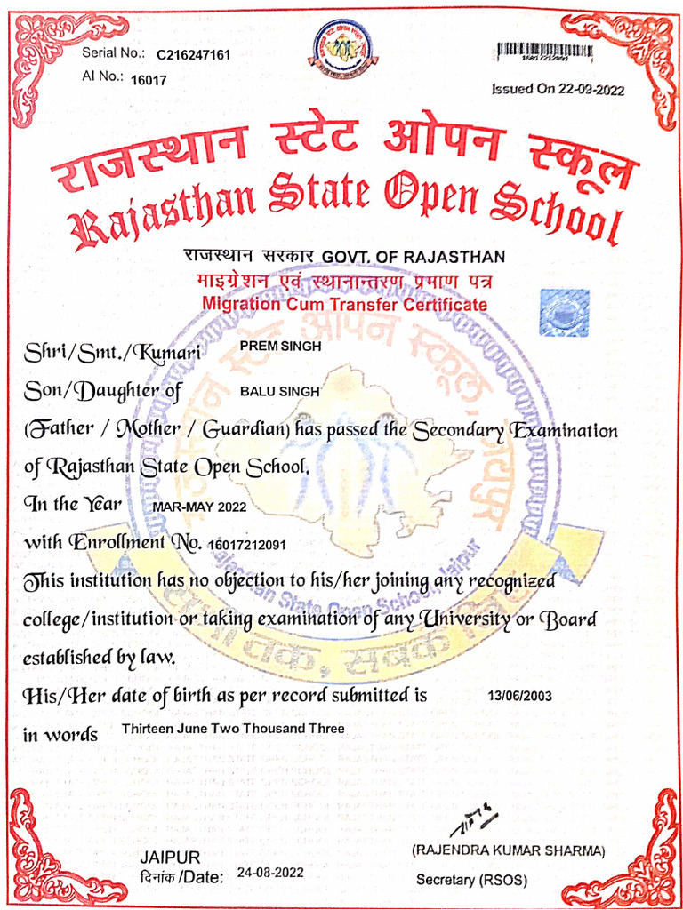 Prem Singh Marksheet and Migration Certificate | PDF