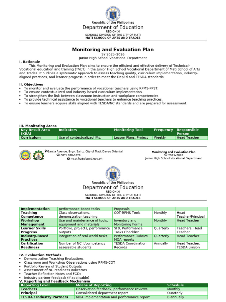 Junior High Vocational M&E Plan 2025-2026 | PDF | Teachers | Vocational ...