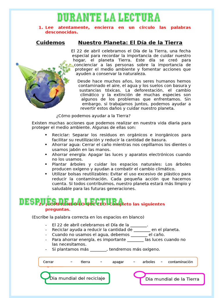Ficha Civica Dia de La Tierra | PDF | Residuos | Contaminación