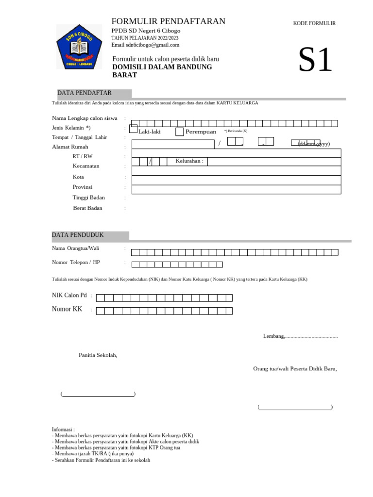 Formulir Pendaftaran PPDB SD Cibogo | PDF