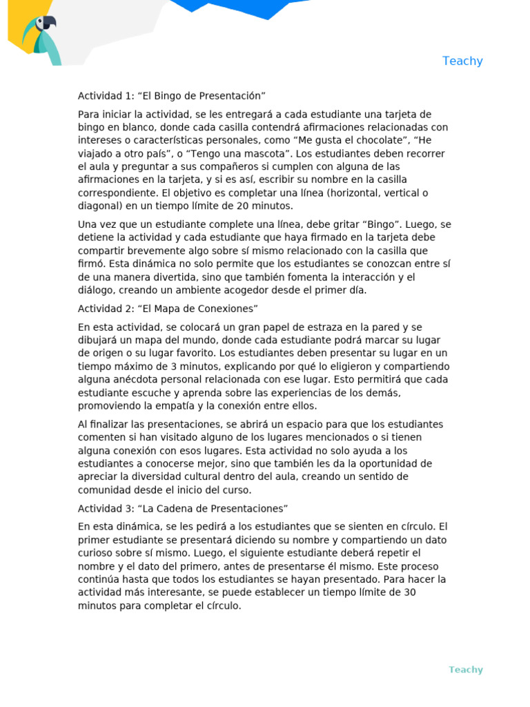 Actividades de Presentación para Estudiantes | PDF
