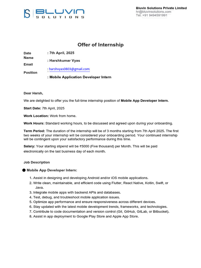 Bluvin Solutions Offer Letter | PDF
