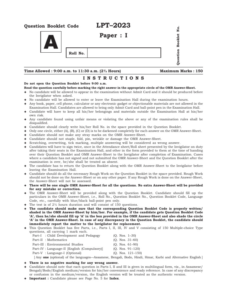 Assam TET 2023 Question Paper I SET A | PDF