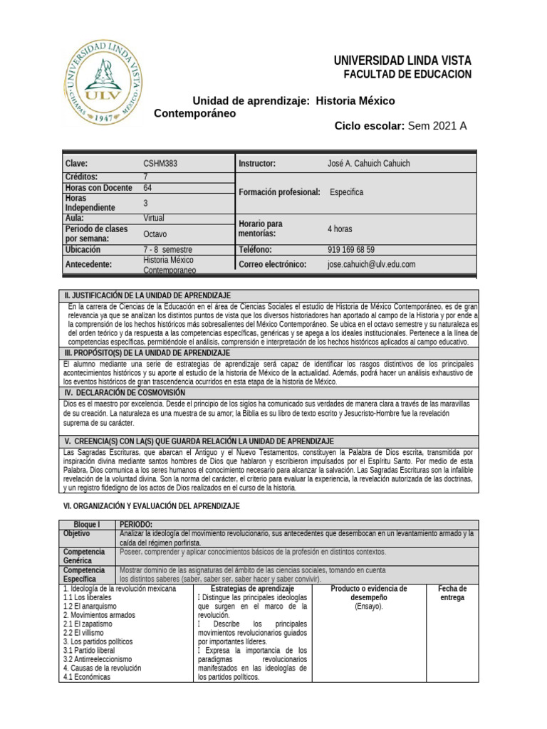 Plan de Clase Hist. Mex. Contemporaneo | PDF | México | Aprendizaje