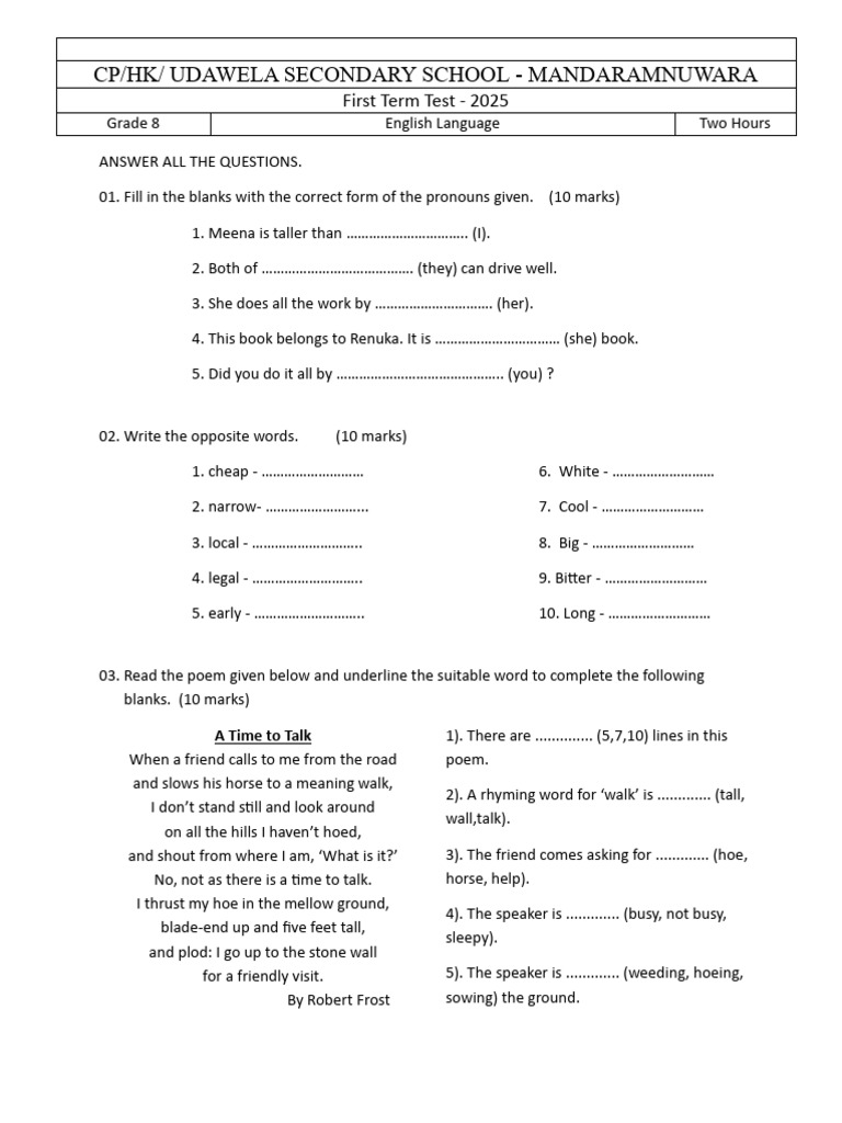 Grade 8 English Term Test Paper 2025 | PDF | Zoology | Ornithology