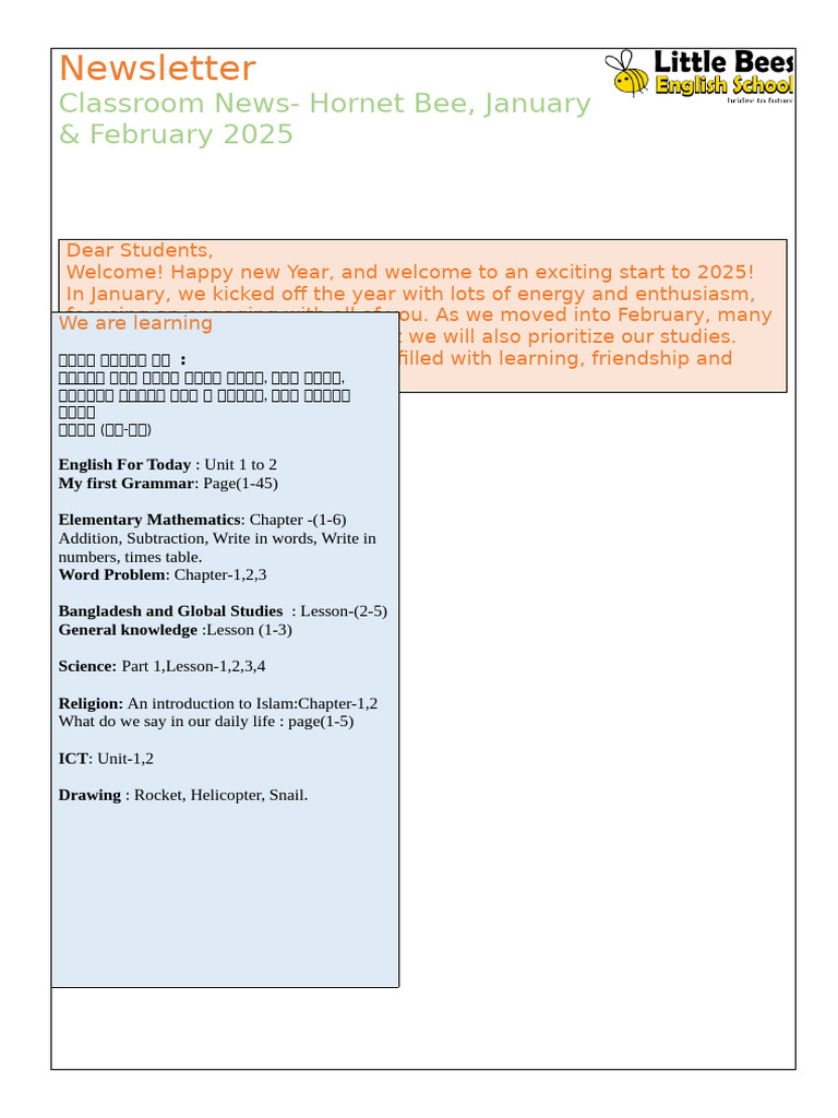 Hornet Bee Classroom Newsletter: Jan-Feb 2025 | PDF