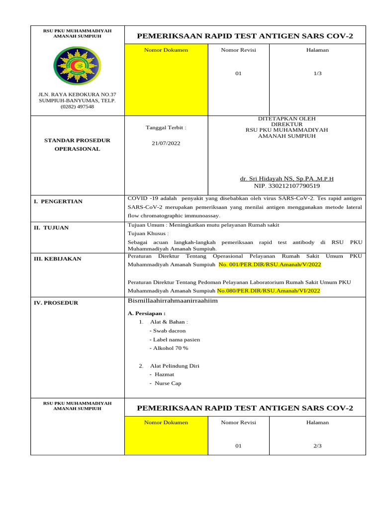 3 SPO Pemeriksaan Rapid Test Antigen Covid-19 | PDF